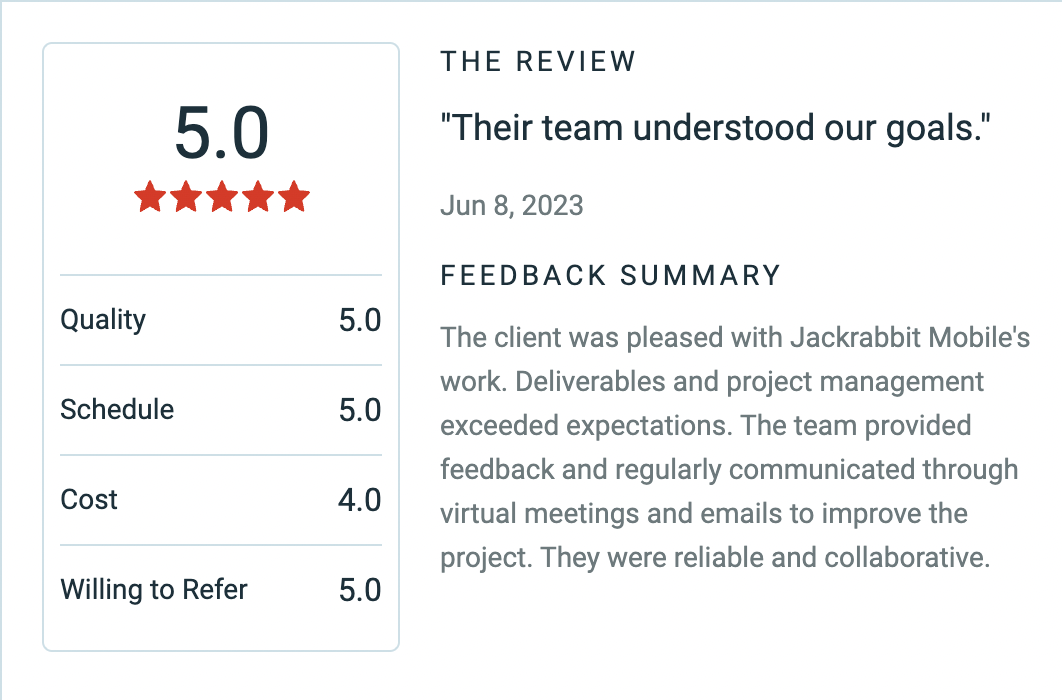 5-Star Review for Web App Design and Development | Jackrabbit Mobile
